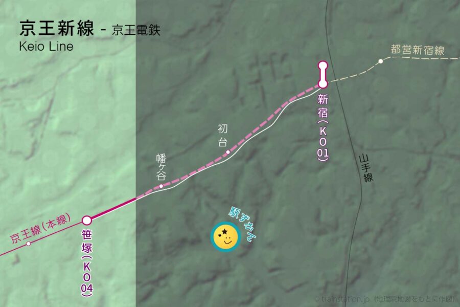 京王新線 わかりやすい路線図/地形マップと駅一覧 (京王電鉄) - 駅ずかん