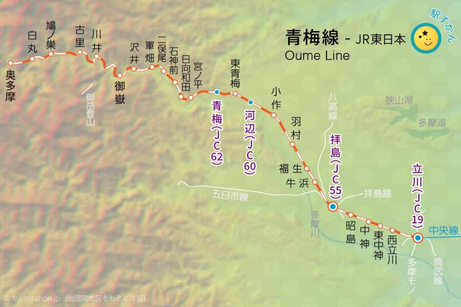 青梅線 地図上の路線図と駅一覧 (JR東日本) - 駅ずかん