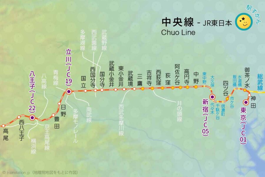 中央線 地図上の路線図と駅一覧 (JR東日本) - 駅ずかん