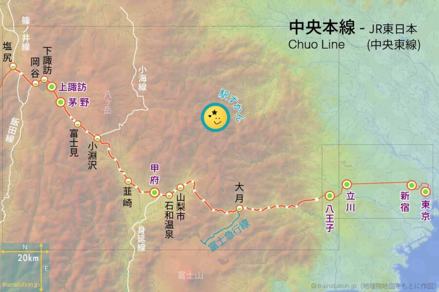 中央本線 わかりやすい路線図/地形マップと駅一覧 (JR東日本)- 駅ずかん